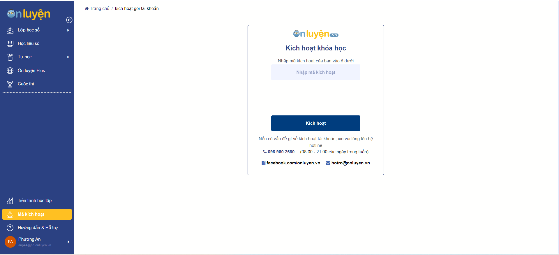 Hướng dẫn kích hoạt gói học trên hệ thống Onluyen.vn